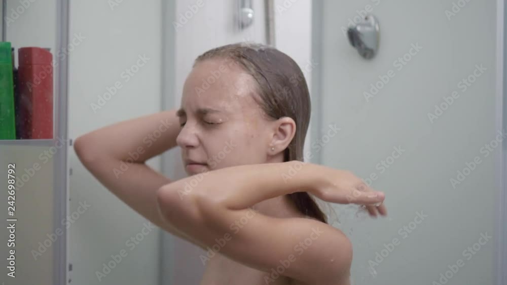 Video „smiling Young Girl Bathing Under A Shower At Home Beautiful