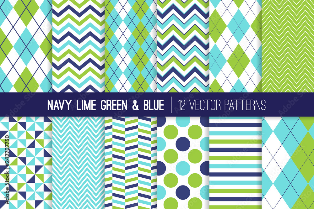 Navy, Lime Green and Aqua Blue Seamless Vector Patterns. Argyle ...