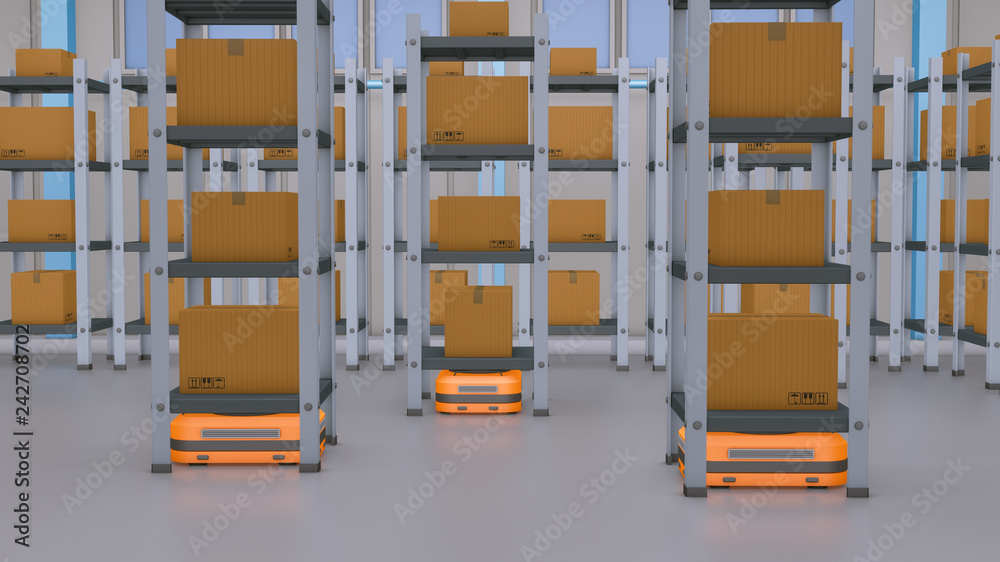 small robots carrying shelves on a warehouse, concept of warehouse ...