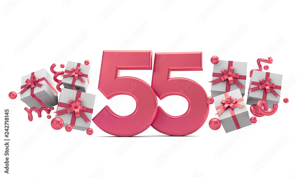 Number 55 pink birthday celebration number with gift boxes. 3D ...