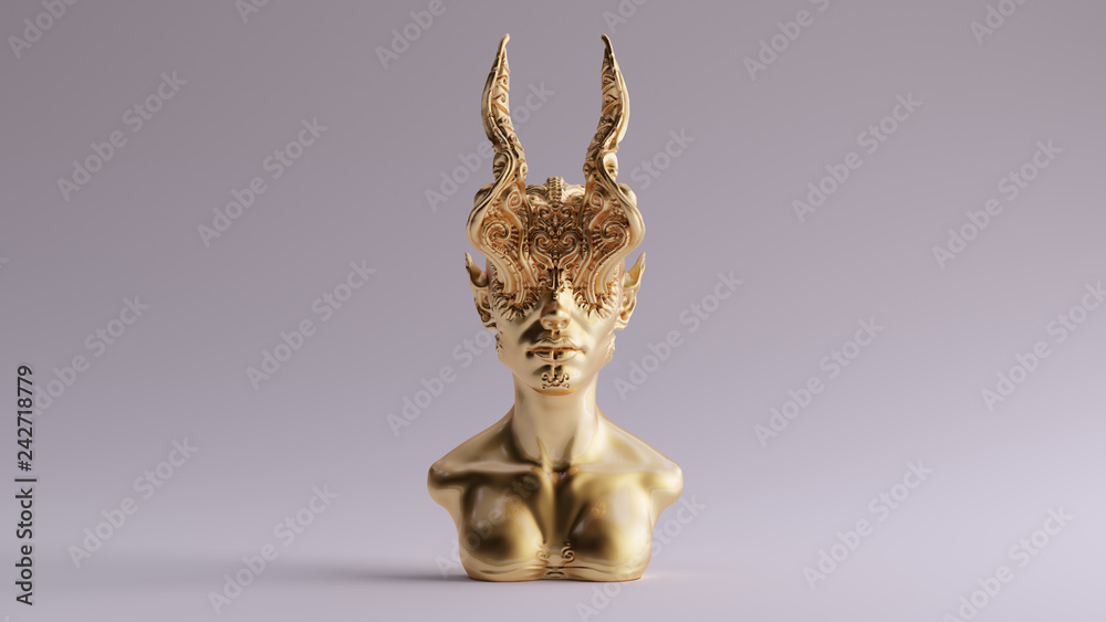 Gold Antique Horned Demon Queen Statue Bust 3d illustration 3d render ...