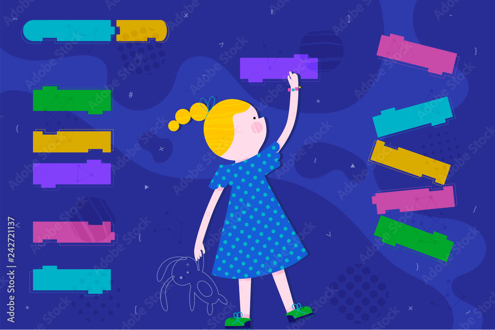 Cute smart girl is coding on abstract screen. Children coding and code ...