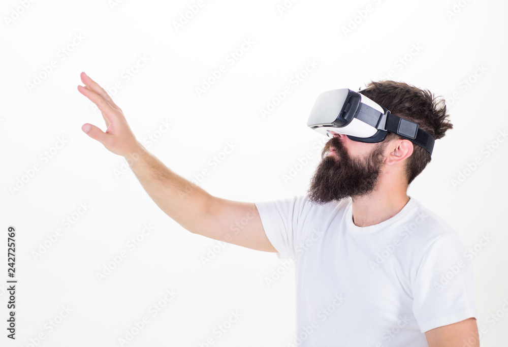 Interactive surface virtual reality concept. Guy with head mounted display interact virtual ...