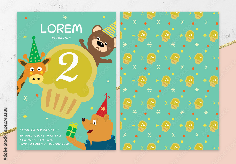 Birthday Party Card Layout with Animals Stock Template | Adobe Stock