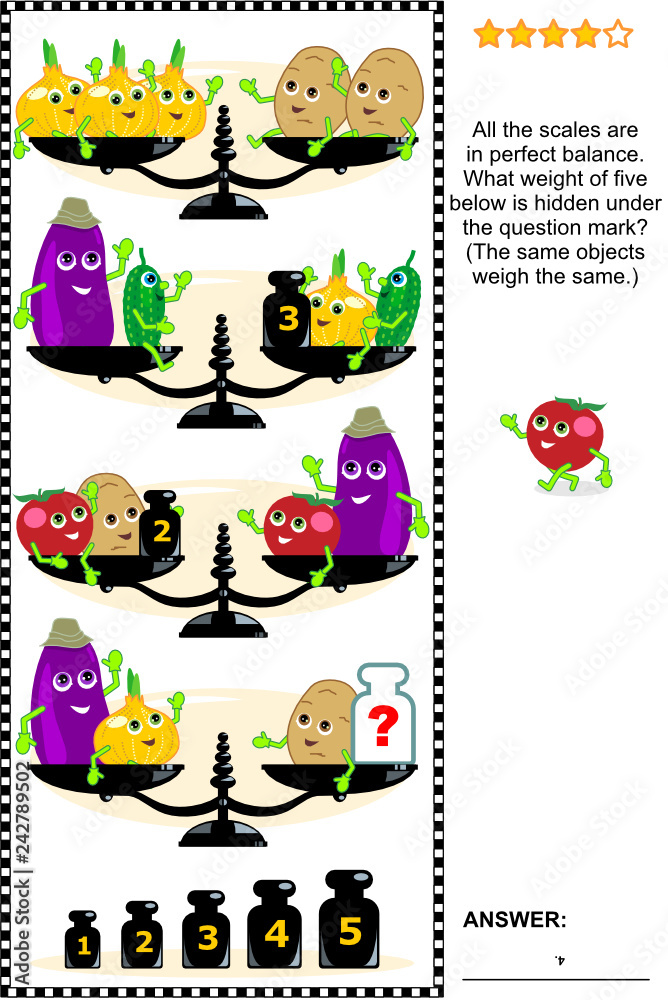 Visual math puzzle with scales, weights, eggplants, onions, potatoes ...