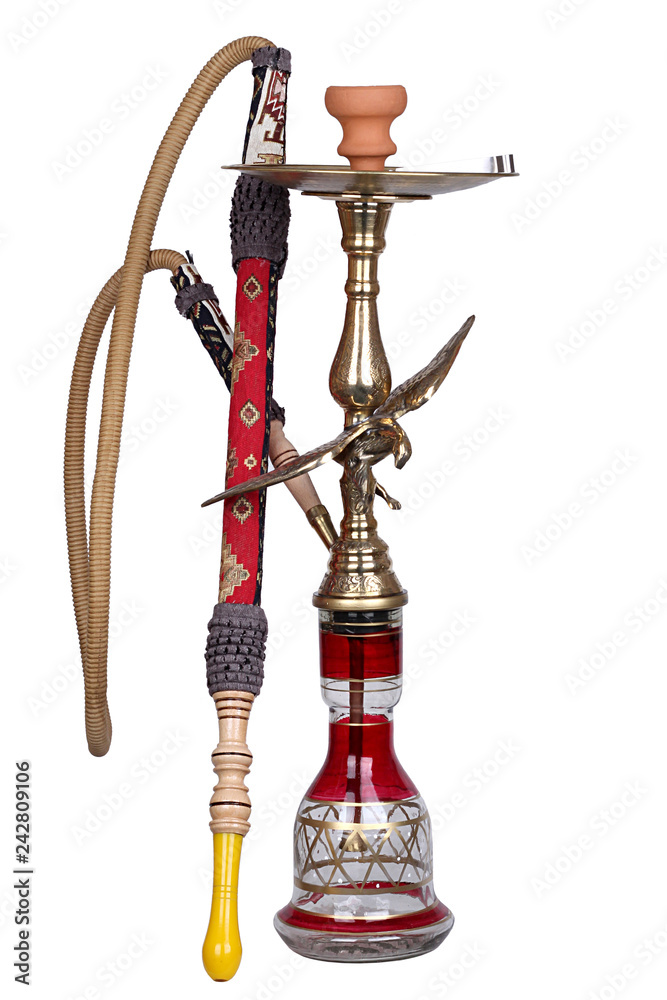 Red golden glass hookah with a bronze body with an open wings with a ...