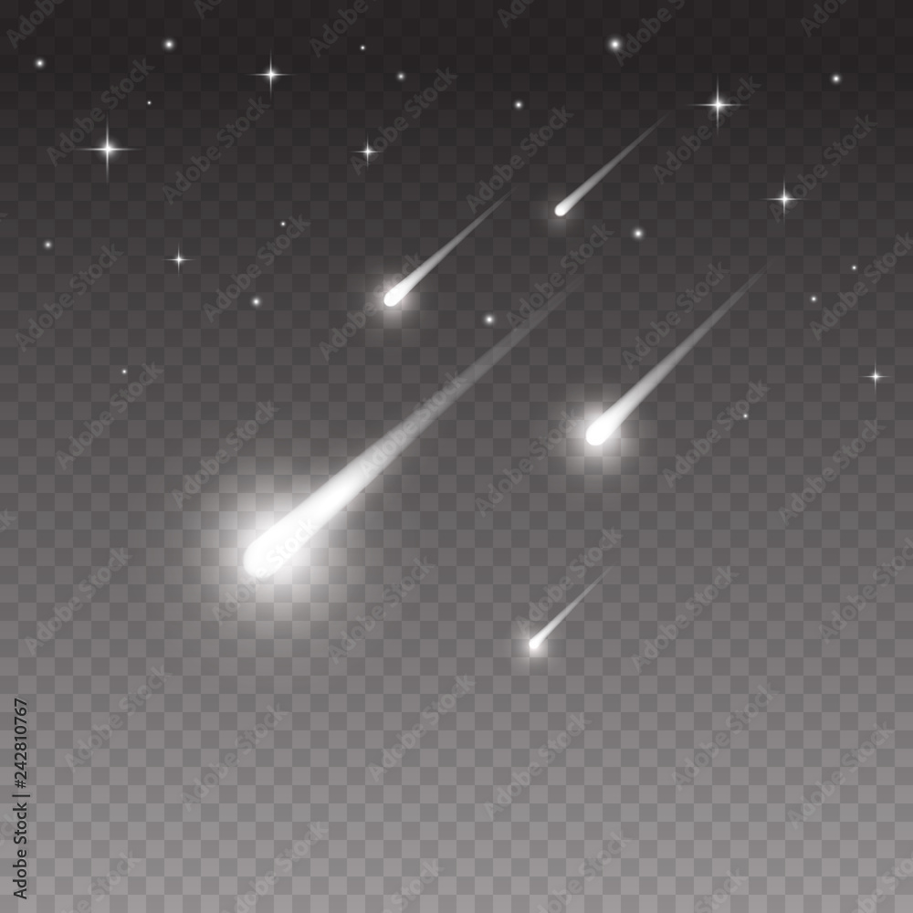 Vecteur Stock Comets shooting effect and glowing asteroids, stars at ...