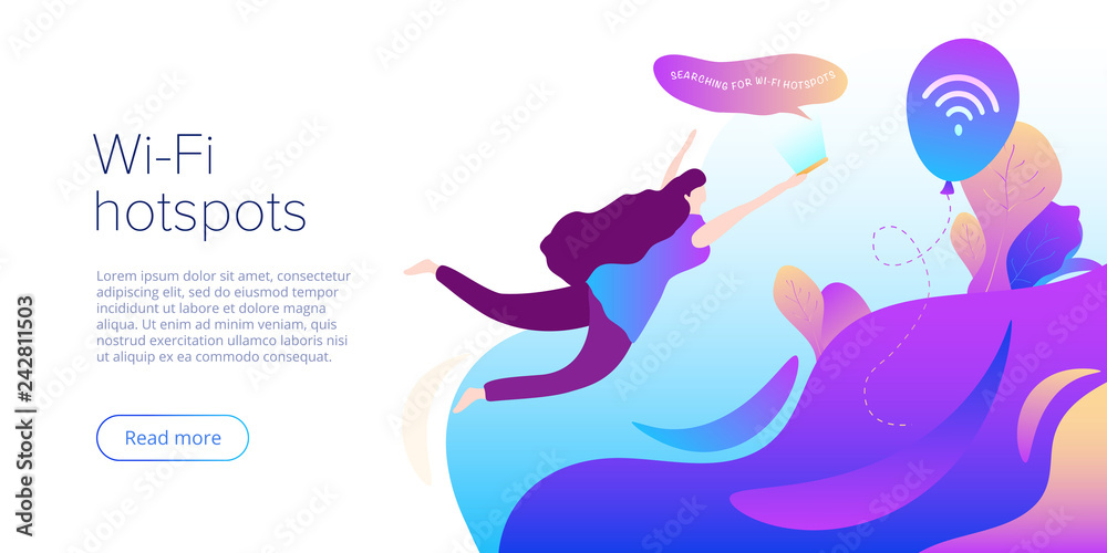 Wi-fi network concept in abstract vector illustration. Girl searching ...