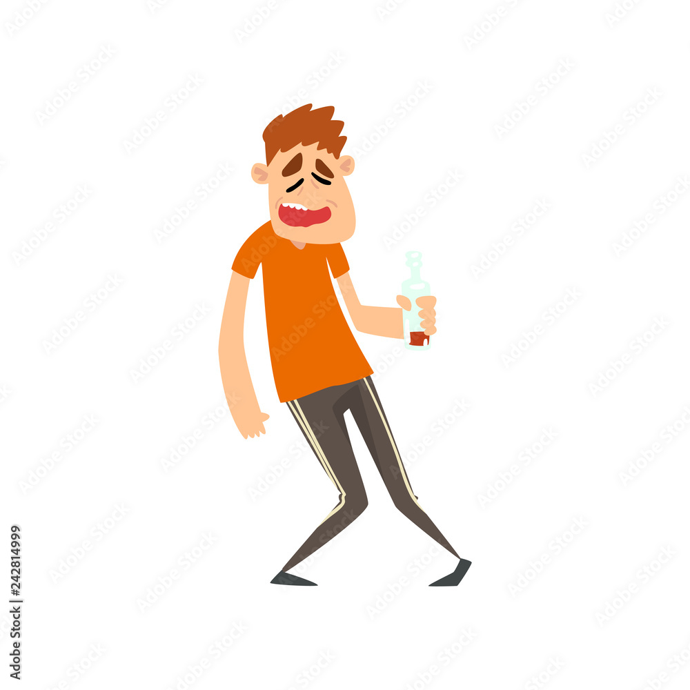 Drunk man with bottle of alcohol drink in his hand, male character ...