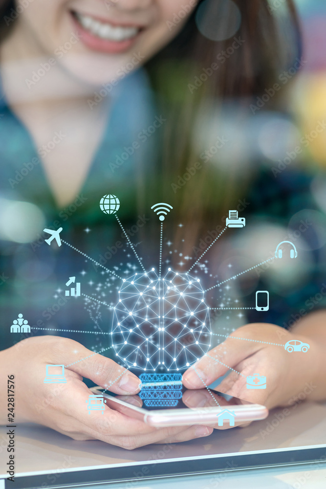 Closeup Asian businesswoman hand using the smart mobile phone using ...