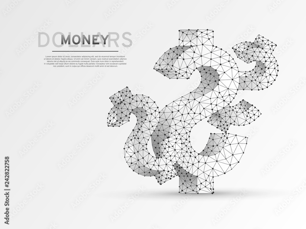 USD dollar wireframe digital illustration. Low poly business, data cash ...
