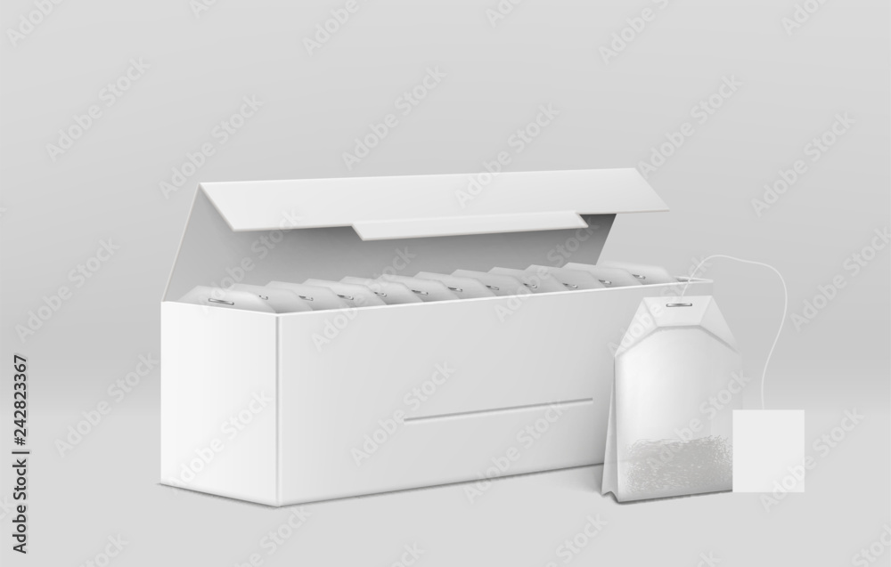 Tea packaging 3d realistic vector. Blank white paper box, cardboard ...