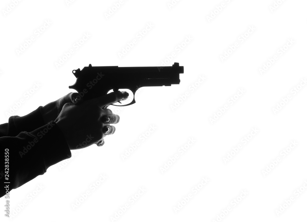 Silhouette of human hand with gun on white background Stock Photo ...