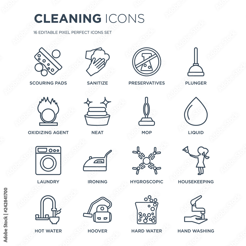 16 linear Cleaning icons such as scouring pads, sanitize, hoover, Hot ...