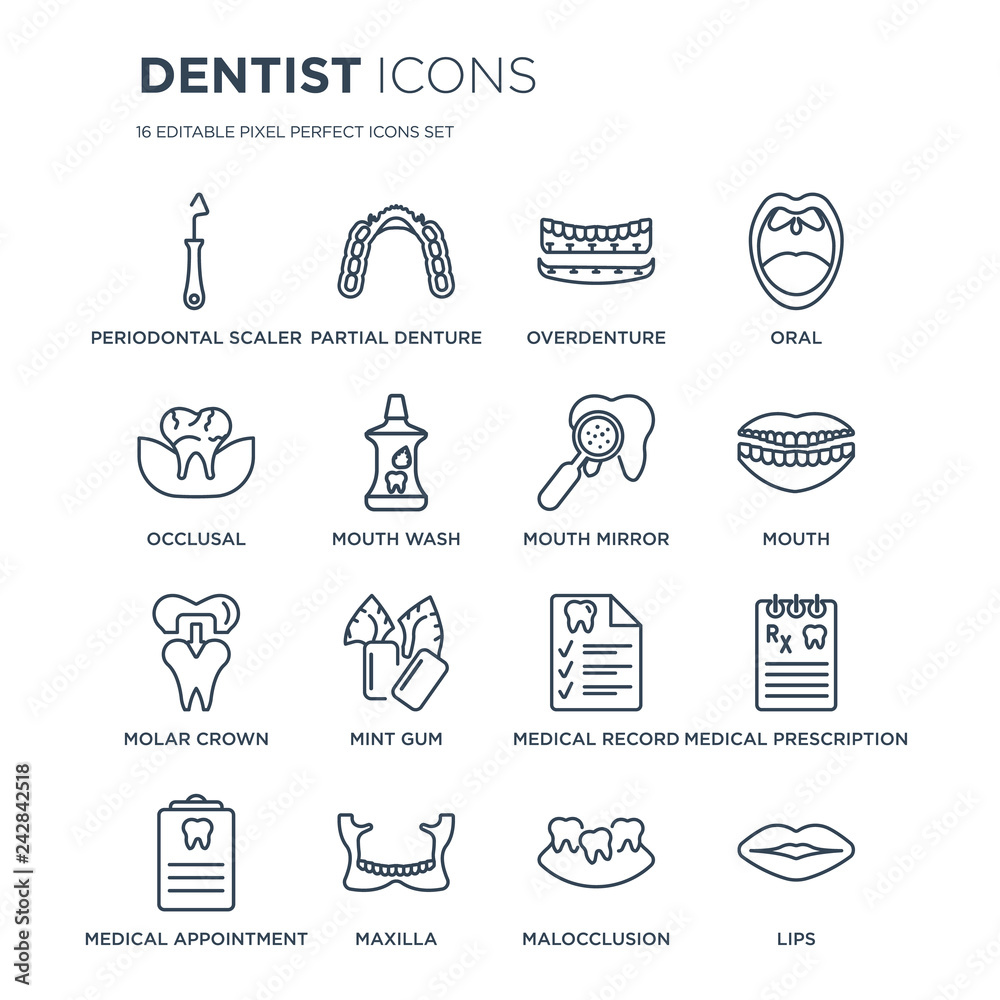 16 linear Dentist icons such as Periodontal scaler, Partial Denture ...