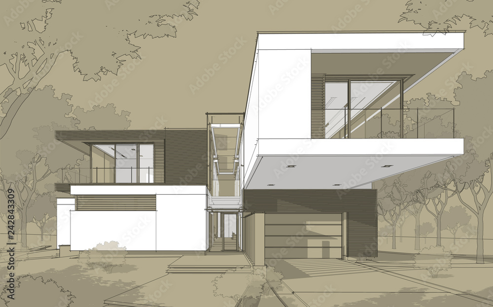 3d rendering sketch of modern cozy house with garage for sale or rent ...