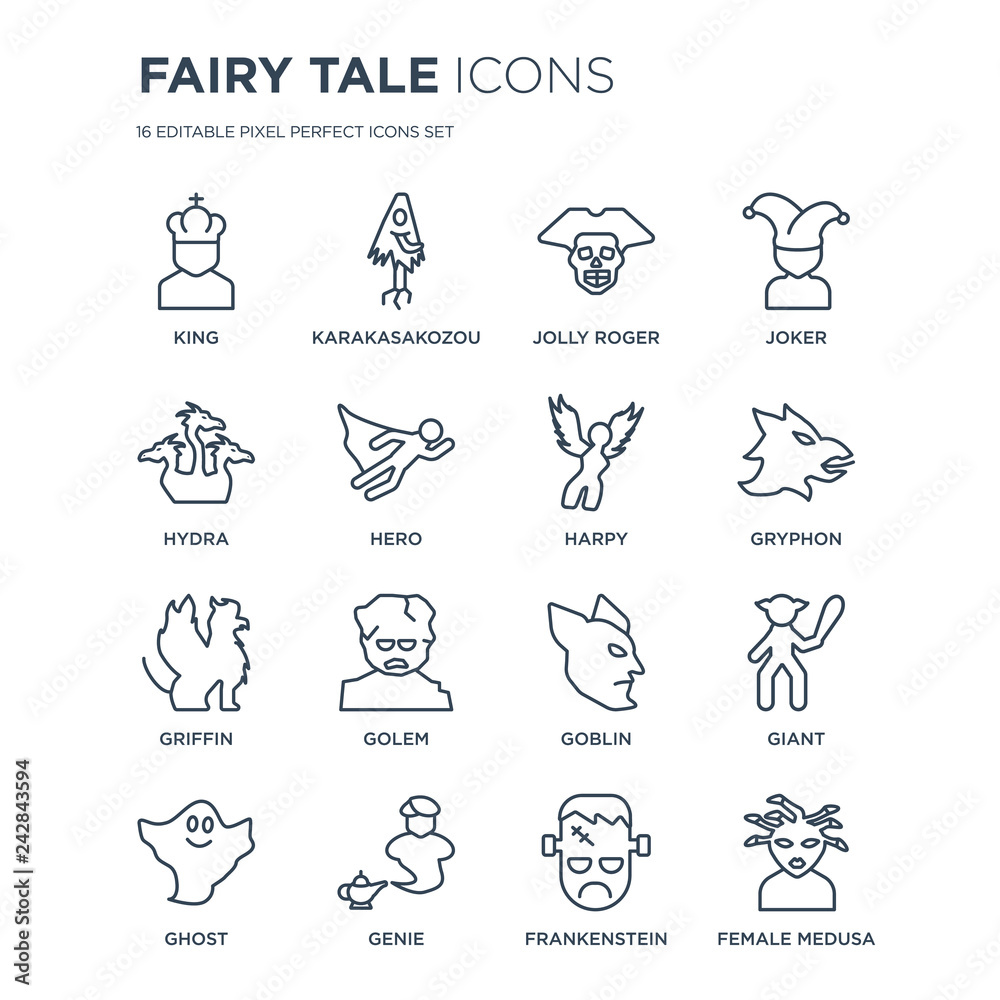 16 linear Fairy Tale icons such as King, Karakasakozou, Genie, Ghost, Giant, female Medusa ...