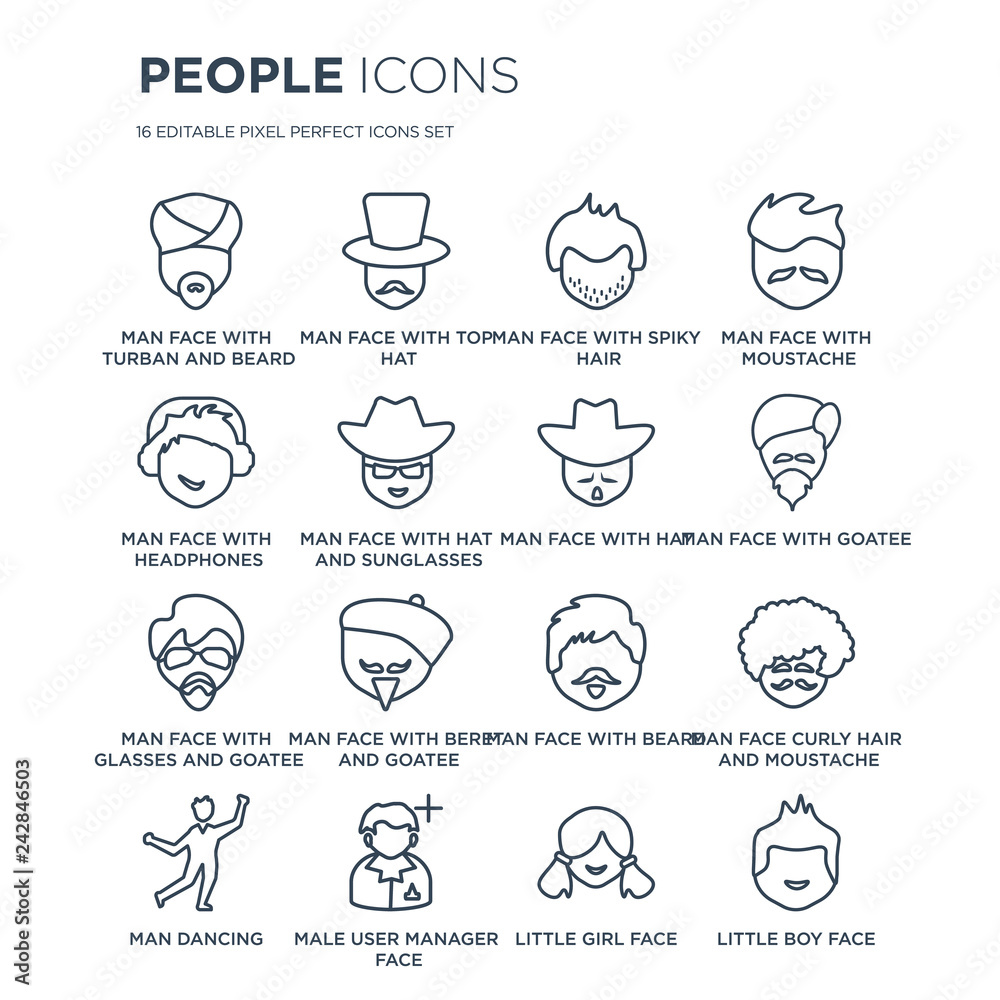 16 linear People icons such as Man face with turban and beard, top hat ...