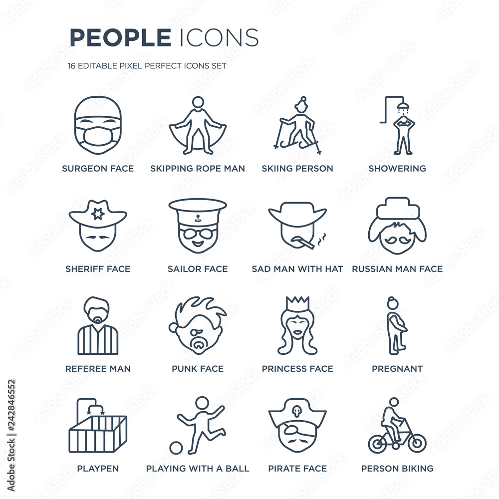 16 linear People icons such as Surgeon face, Skipping rope man, Playing ...