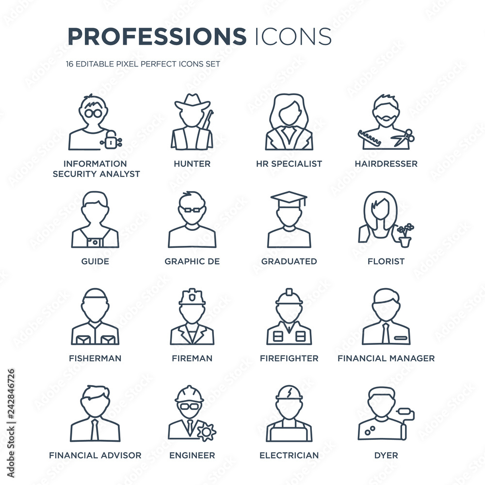 16 linear Professions icons such as Information Security Analyst ...