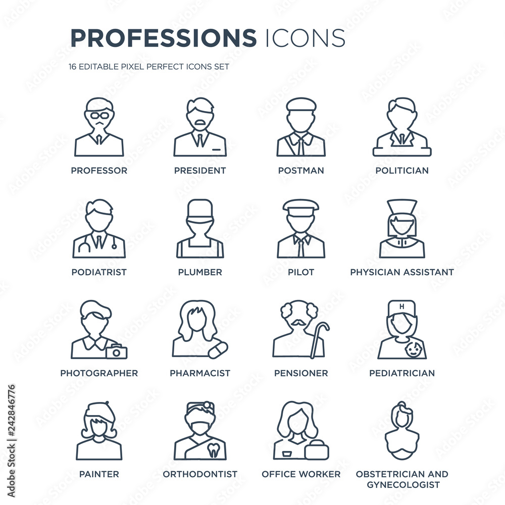 16 linear Professions icons such as Professor, President, Orthodontist ...