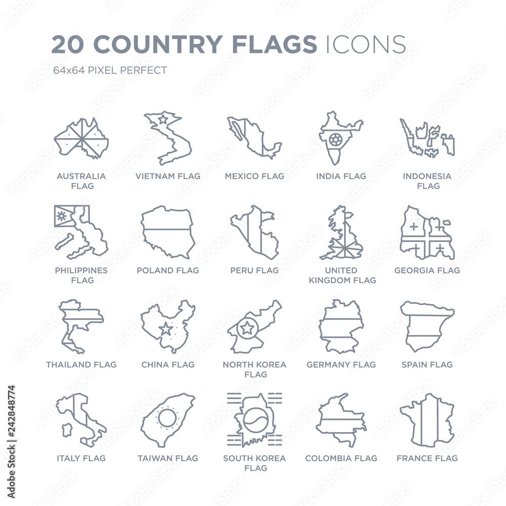 Collection of 20 Country Flags linear icons such as Australia flag ...