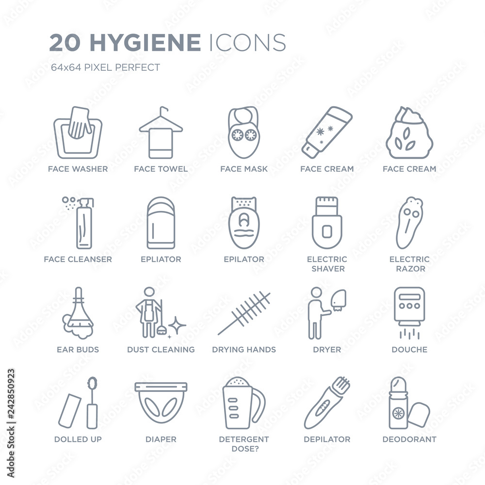 Collection of 20 Hygiene linear icons such as face washer, towel ...