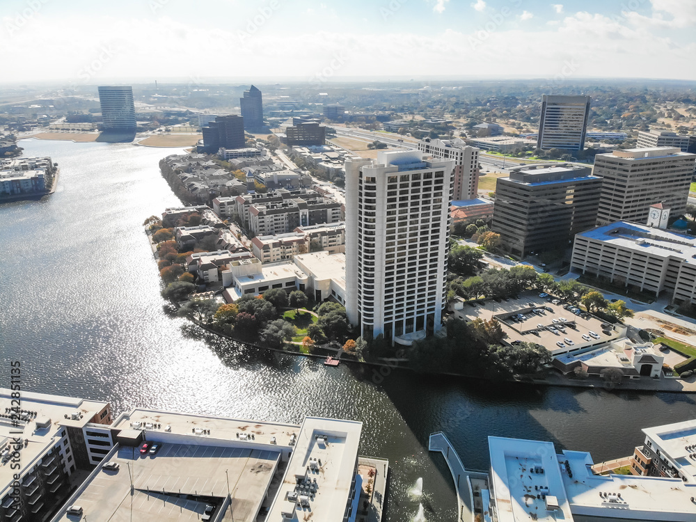 Top view waterfront downtown Las Colinas, an upscale, developed area in ...