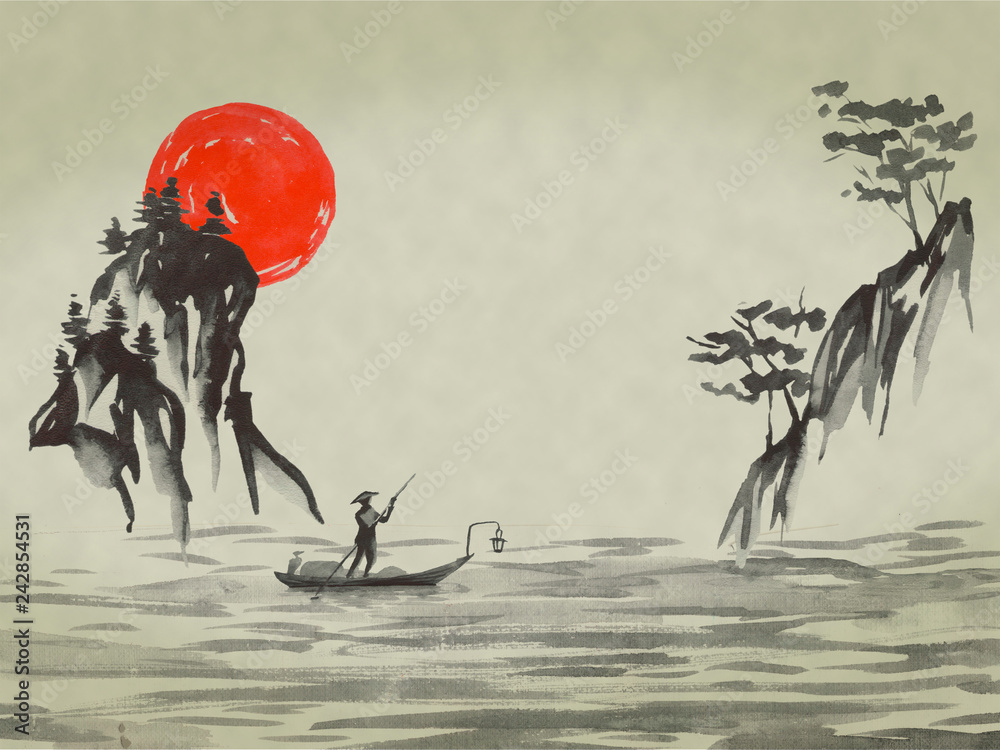 Japan traditional sumi-e painting. Fuji mountain, sakura, sunset. Japan ...