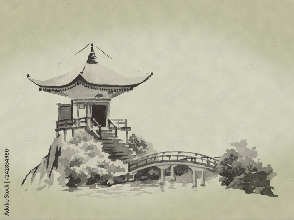 Japan traditional sumi-e painting. Fuji mountain, sakura, sunset. Japan ...