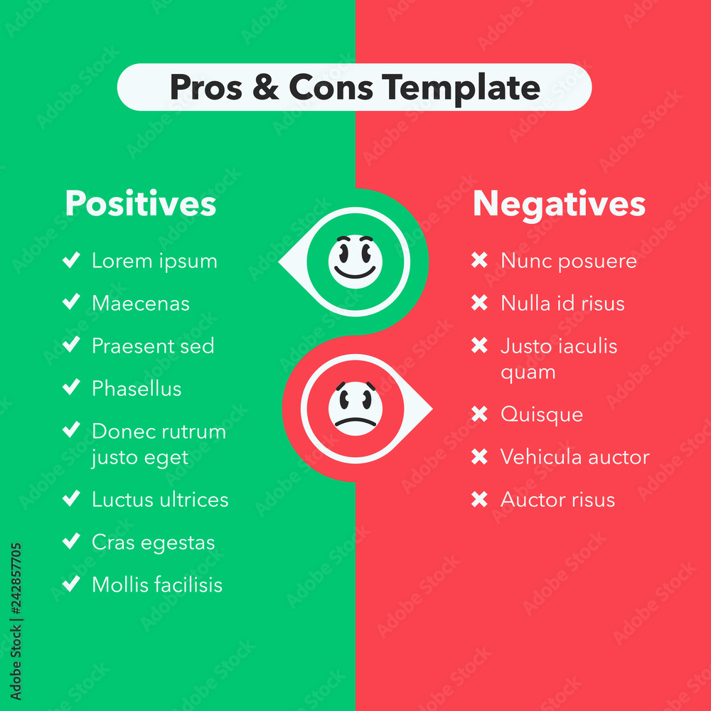 Simple infographic for pros and cons with funny emoji symbols. Easy to ...