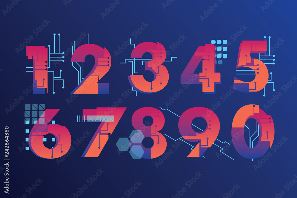 Futuristic, illustrated numbers in industrial style with vibrant ...