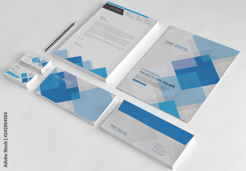 Stationery Set with Blue Square Accents Stock Template | Adobe Stock
