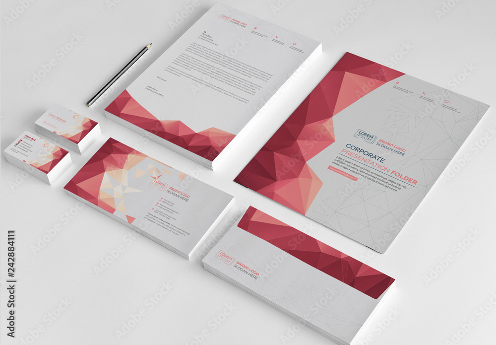 Stationery Set with Red Accents Stock Template | Adobe Stock
