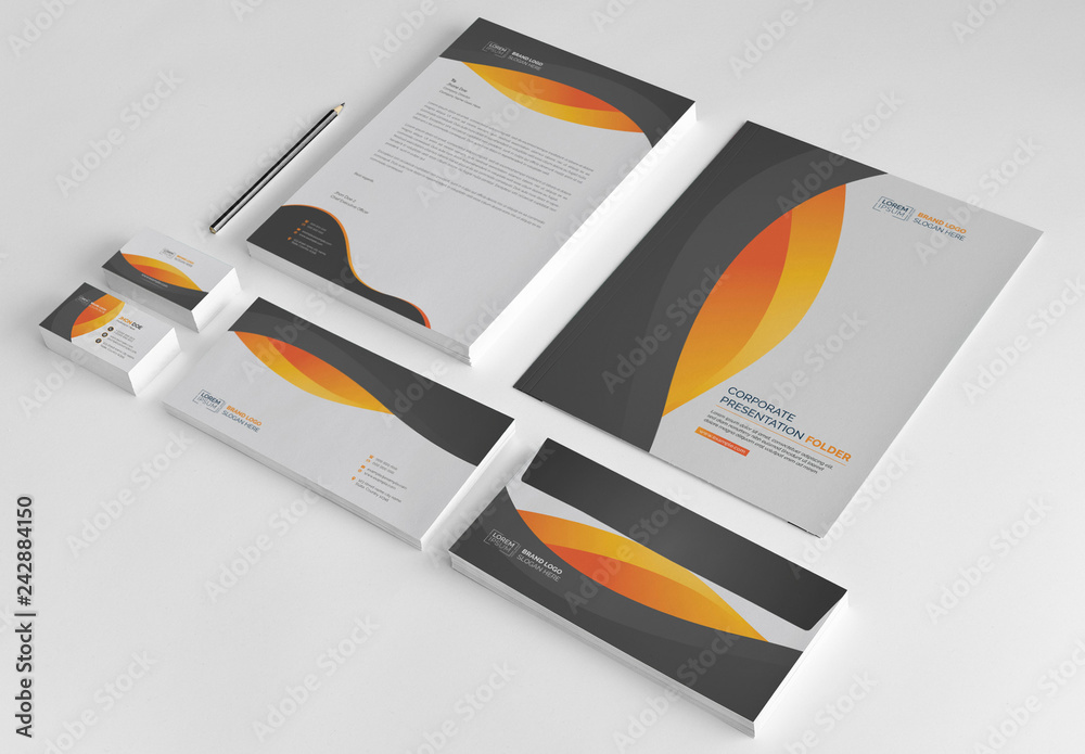 Stationery Set with Orange Accents Stock Template | Adobe Stock