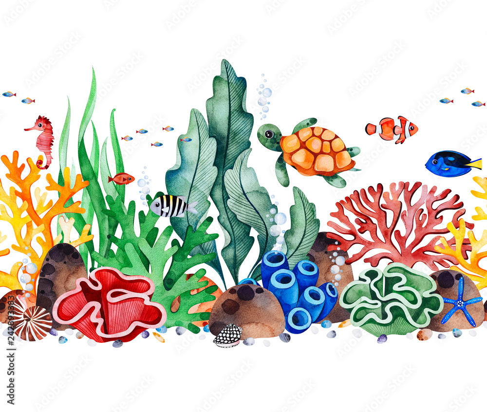 Underwater creatures seamless repeat border with multicolored corals ...