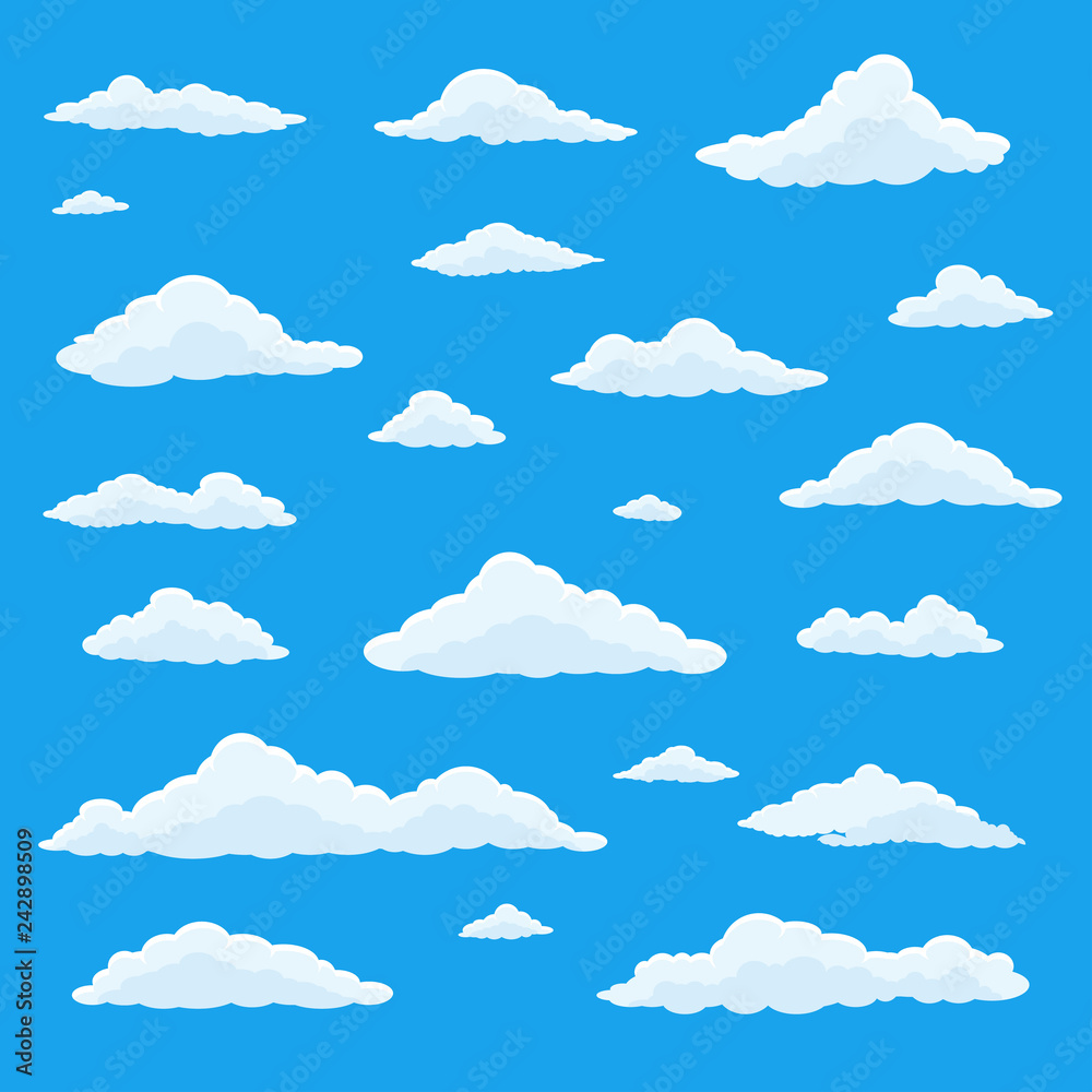 Cartoon cloud set. Cloudy sky background. Blue heaven with white fluffy ...