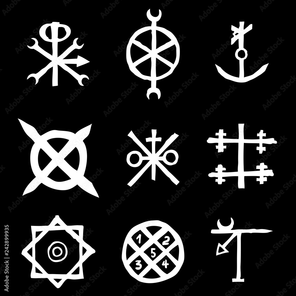 Set with mystic and occult symbols. Hand drawn and written alphabet ...