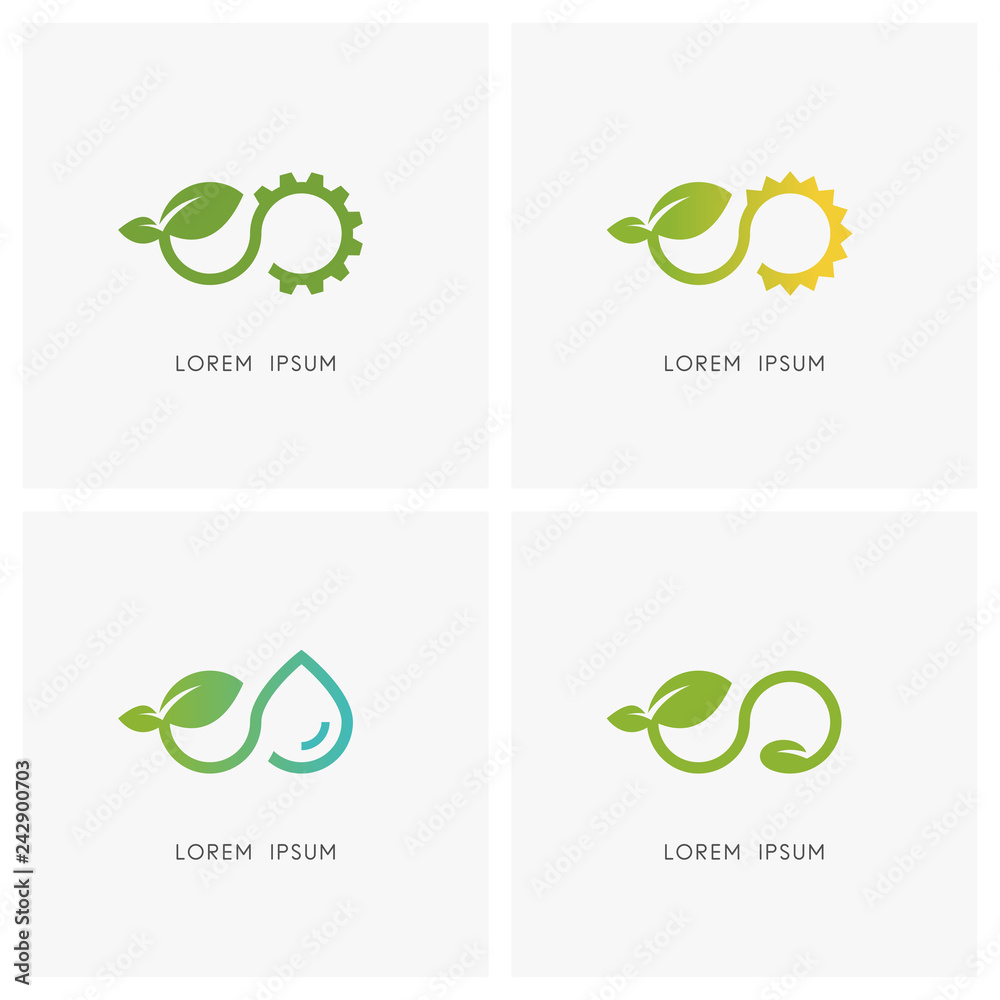 Infinity nature logo set. Plant or sprout with green leaves and gear ...