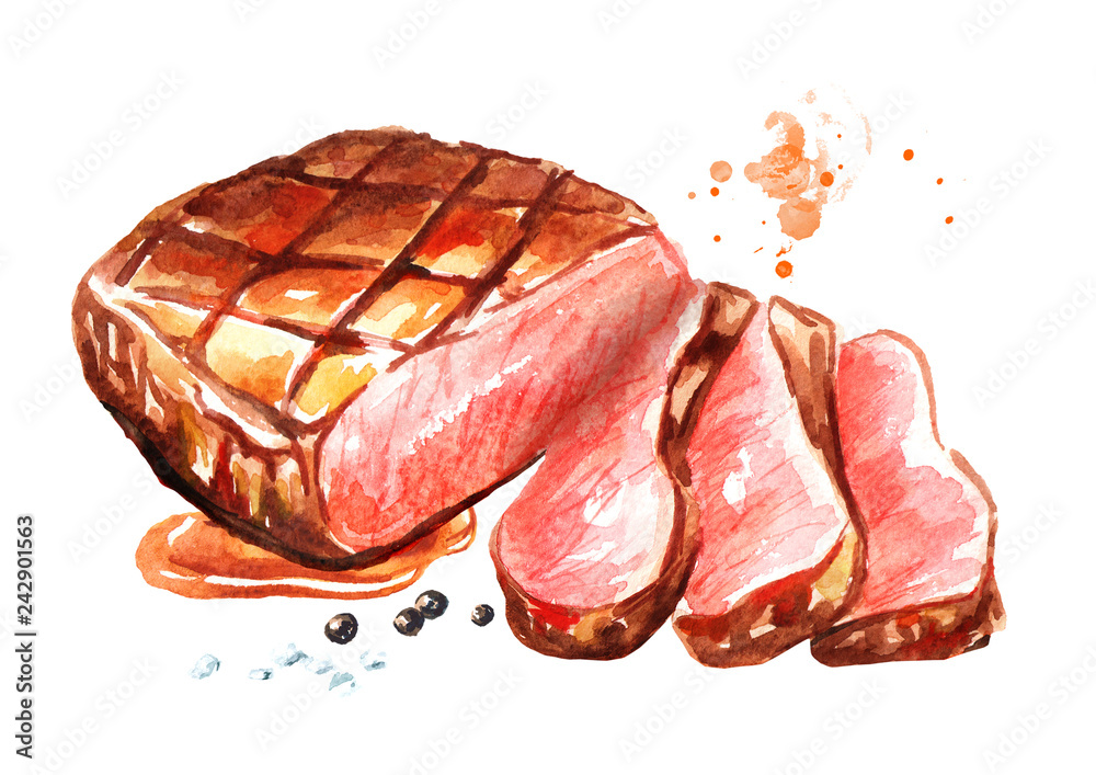 Grilled sliced beef steak. Watercolor hand drawn illustration, isolated ...