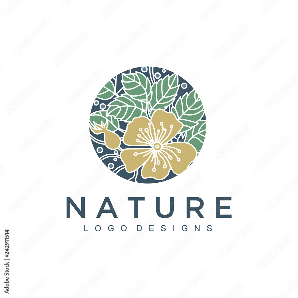 Tropical plant logo. Round emblem flower in a circle n linear style ...
