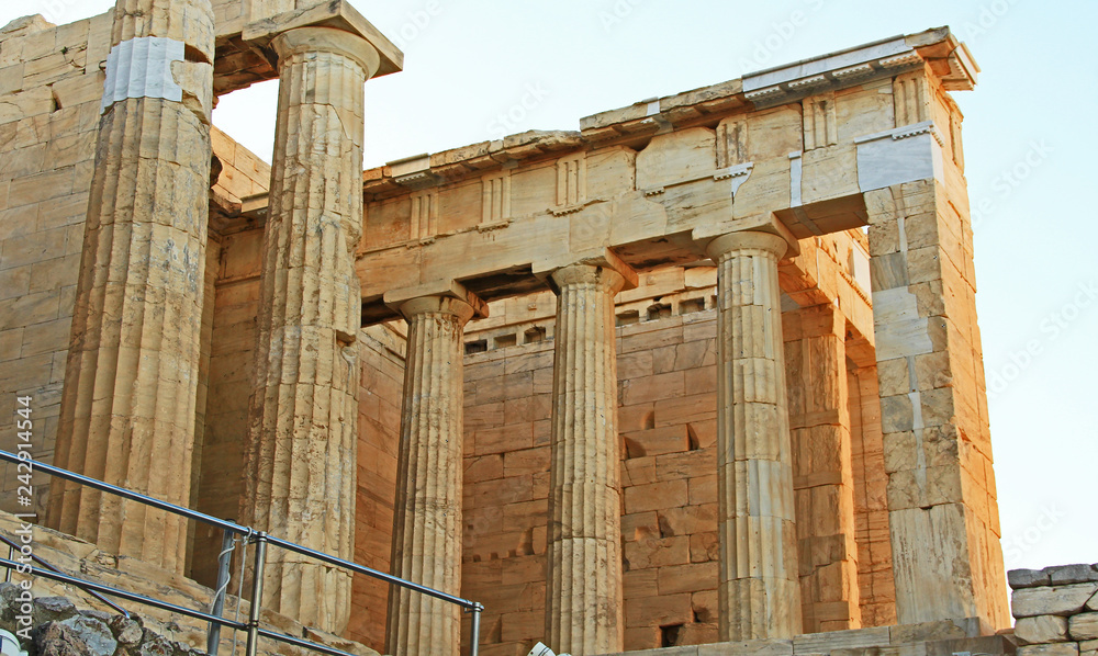 Columns near the entrance and Propylaea to the Acropolis just above the Theater Odeon of Herodes ...