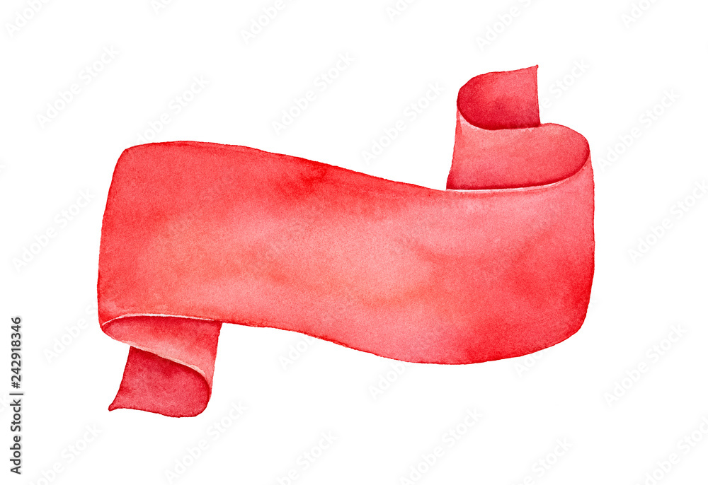 Decorative bright red ribbon banner handdrawn water color illustration ...