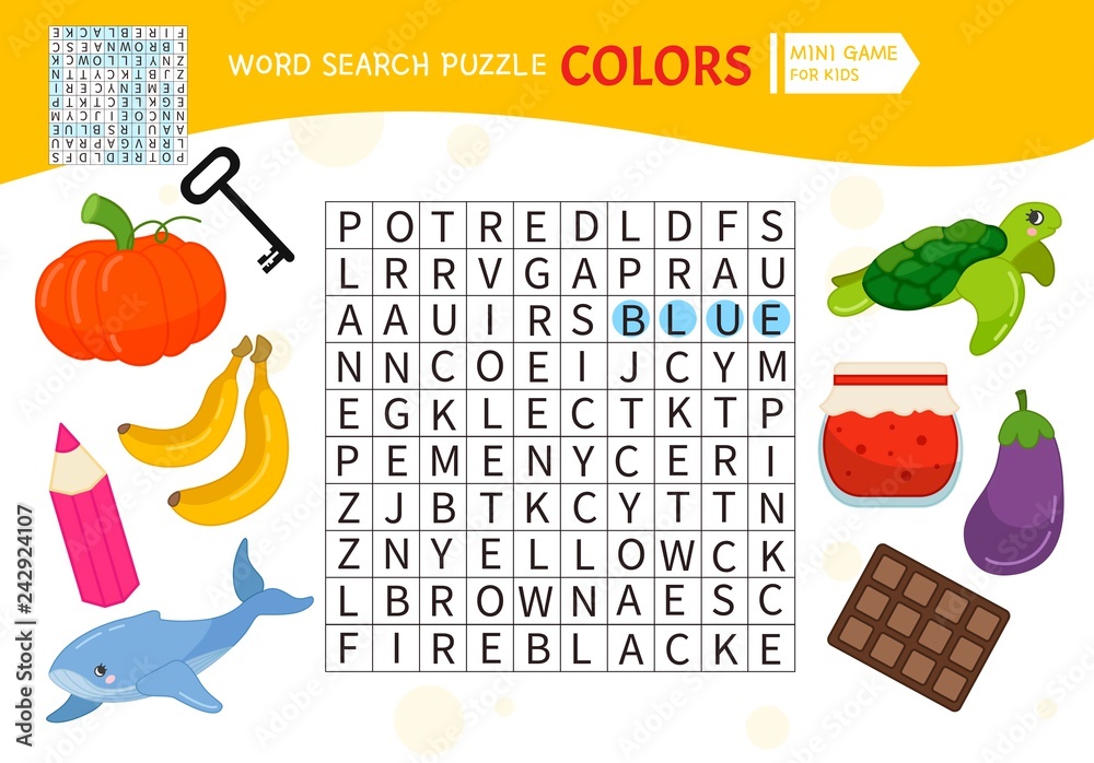 Educational game for kids. Word search puzzle with diferent colors ...