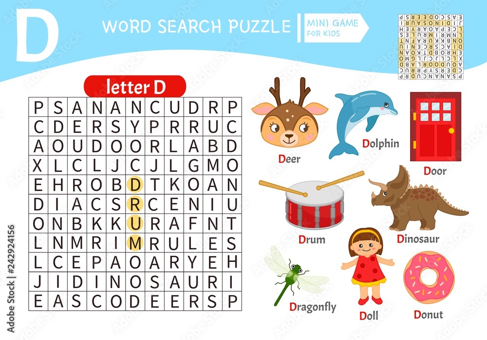 Words puzzle children educational game. Learning vocabulary. Letter D ...