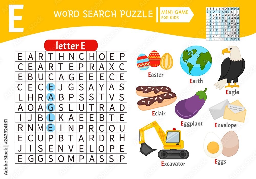 Words puzzle children educational game. Learning vocabulary. Letter E ...