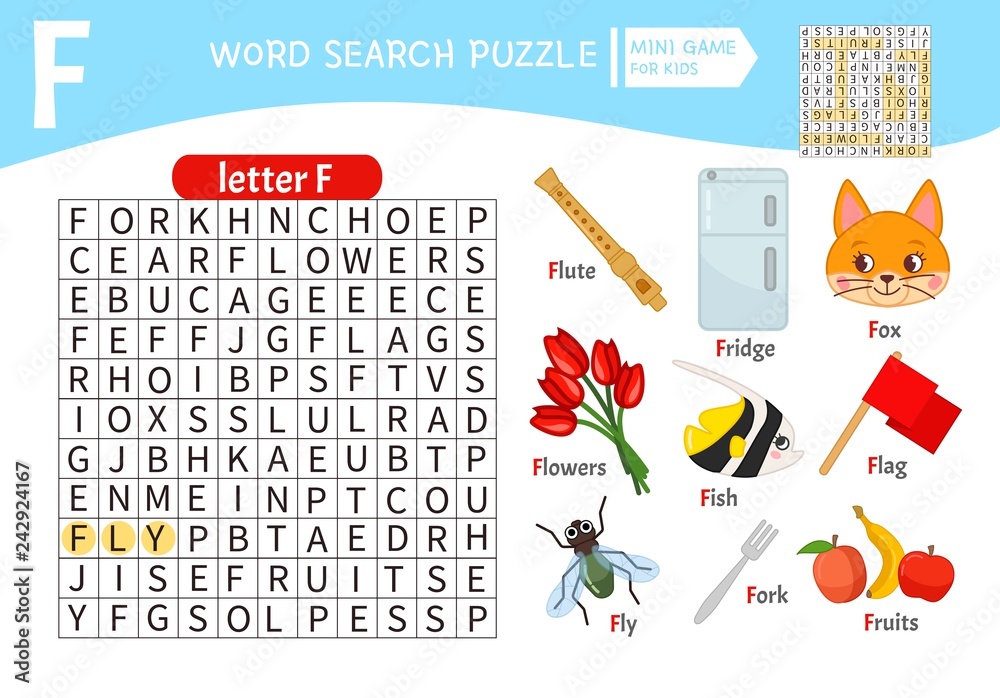 Words puzzle children educational game. Learning vocabulary. Letter F ...
