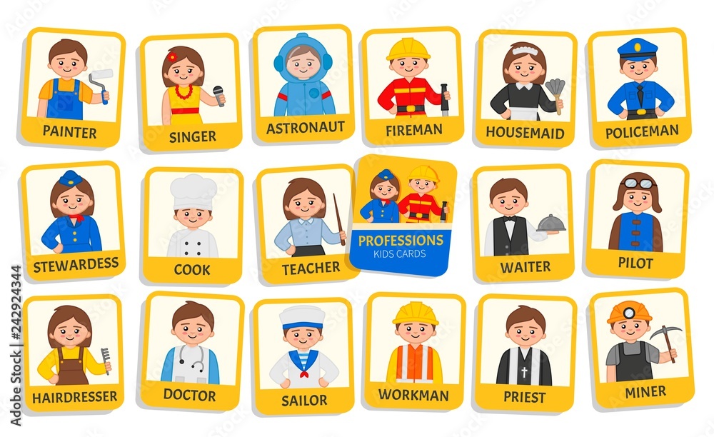 Educational cards for children Professions. Cartoon illustrations of ...