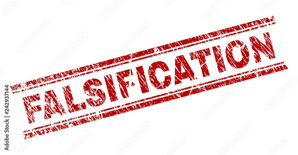 FALSIFICATION seal print with corroded texture. Red vector rubber print ...