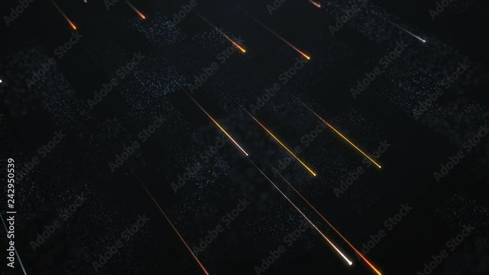 Tecjnological background with flying glowing lines and flickering ...